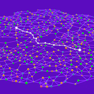 A still from a video of nodes being connected by a white line